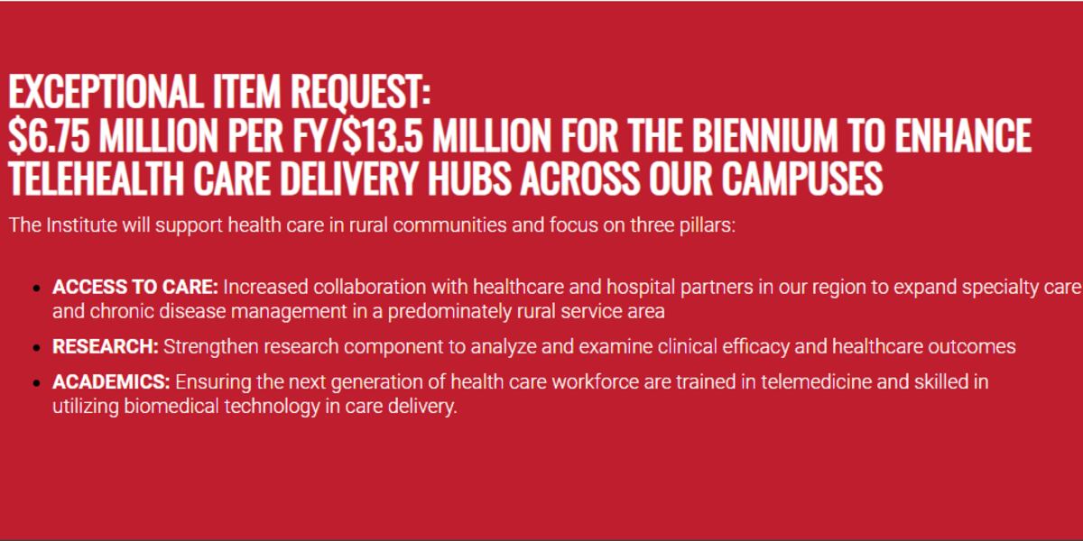 TTUHSC asking Texas legislators for $6.75 Million to fund telehealth TTUHSC asking Texas legislators for $6.75 Million to fund telehealth